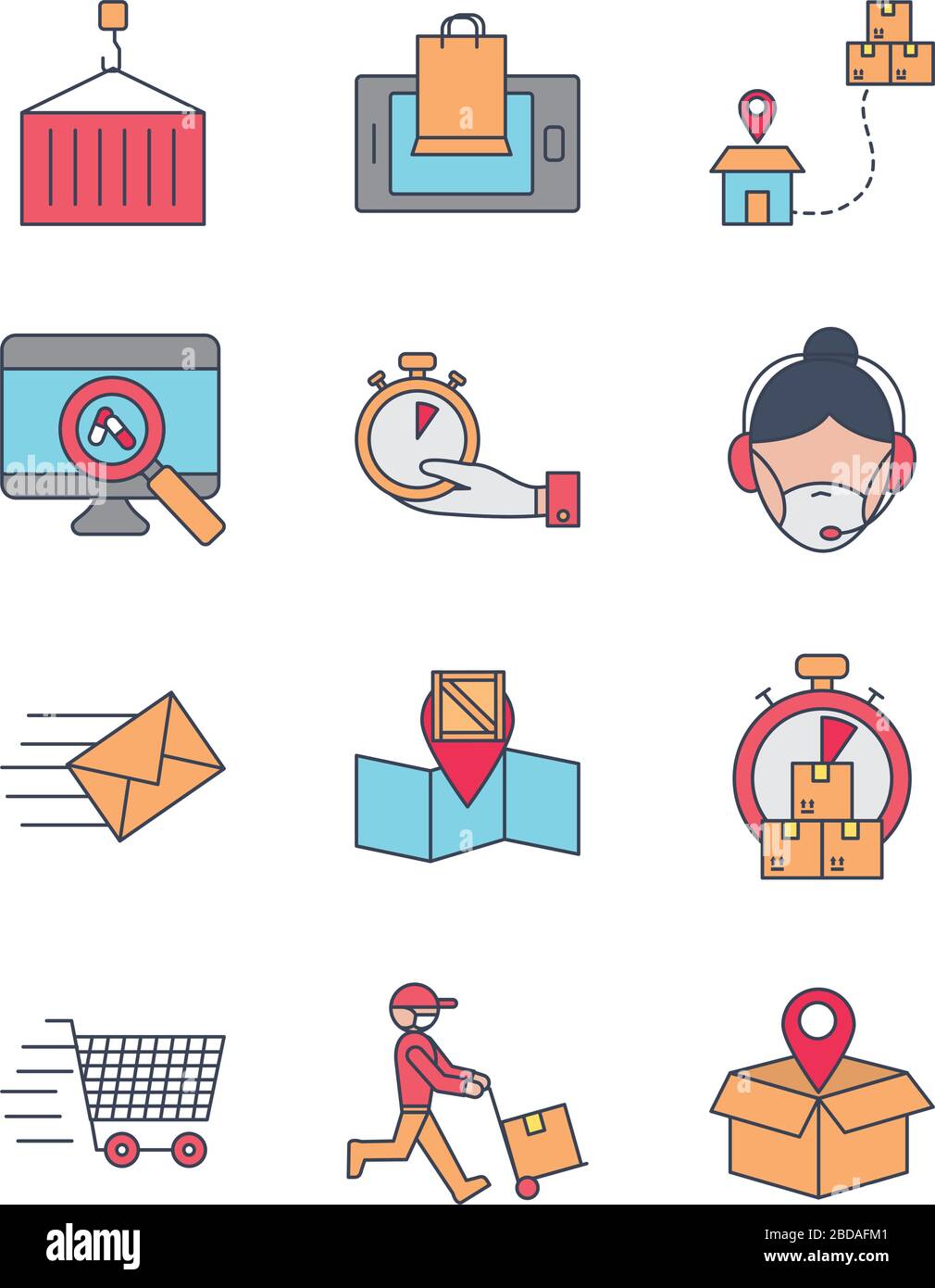 boxes and fast delivery icon set over white background, line and fill ...