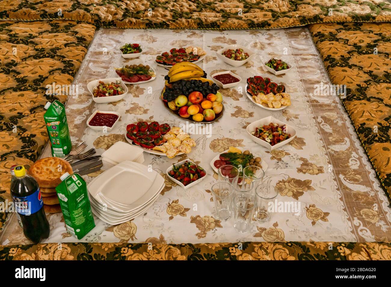 Traditional Pamiri meal layout in a Pamiri home in Khorog, the capital ...