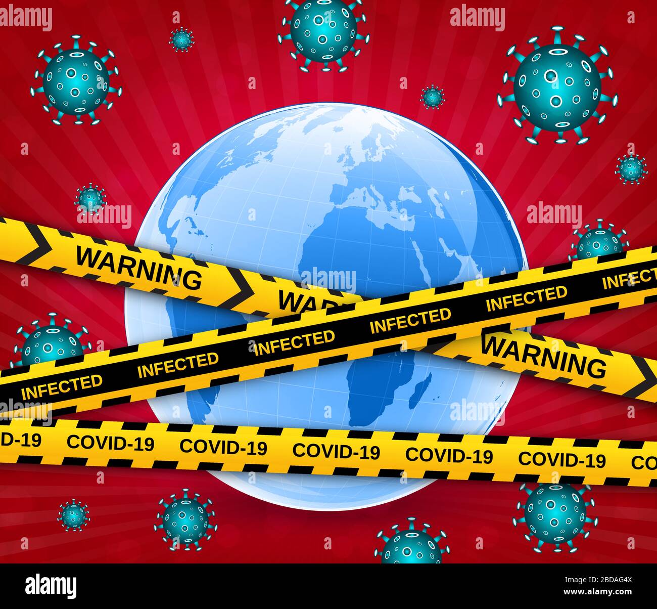 Earth globe in a medical mask with viruses and caution barrier tapes ...