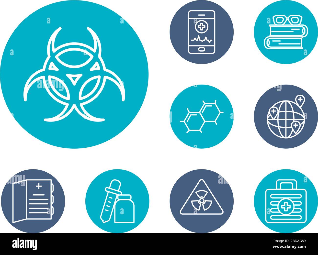 biohazard symbol with science, medication and investigation icon set ...