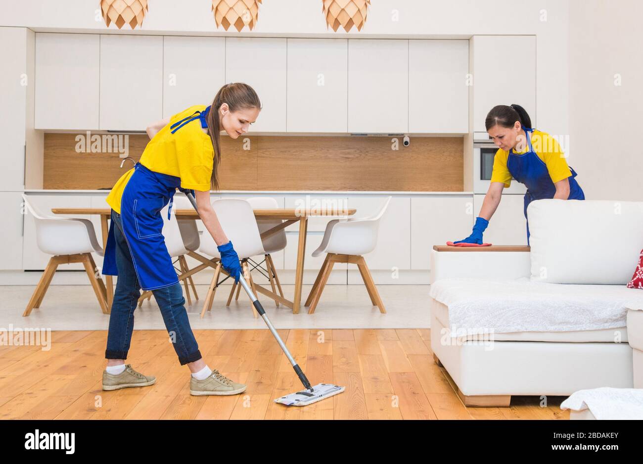 professional cleaning service. Two women in working uniform, in aprons ...