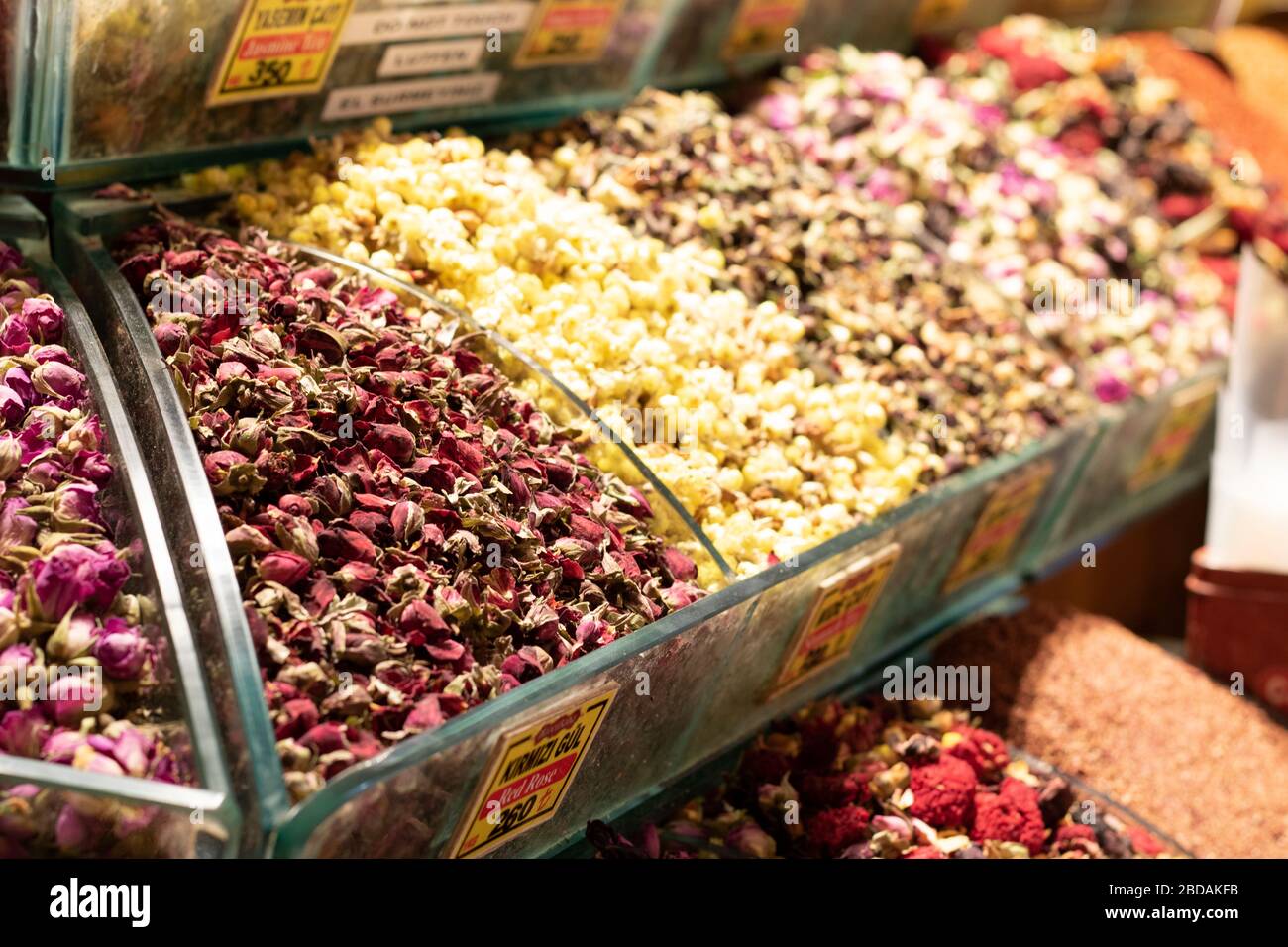 A shop selling dried herbal teas. There are many types of dried plants ...
