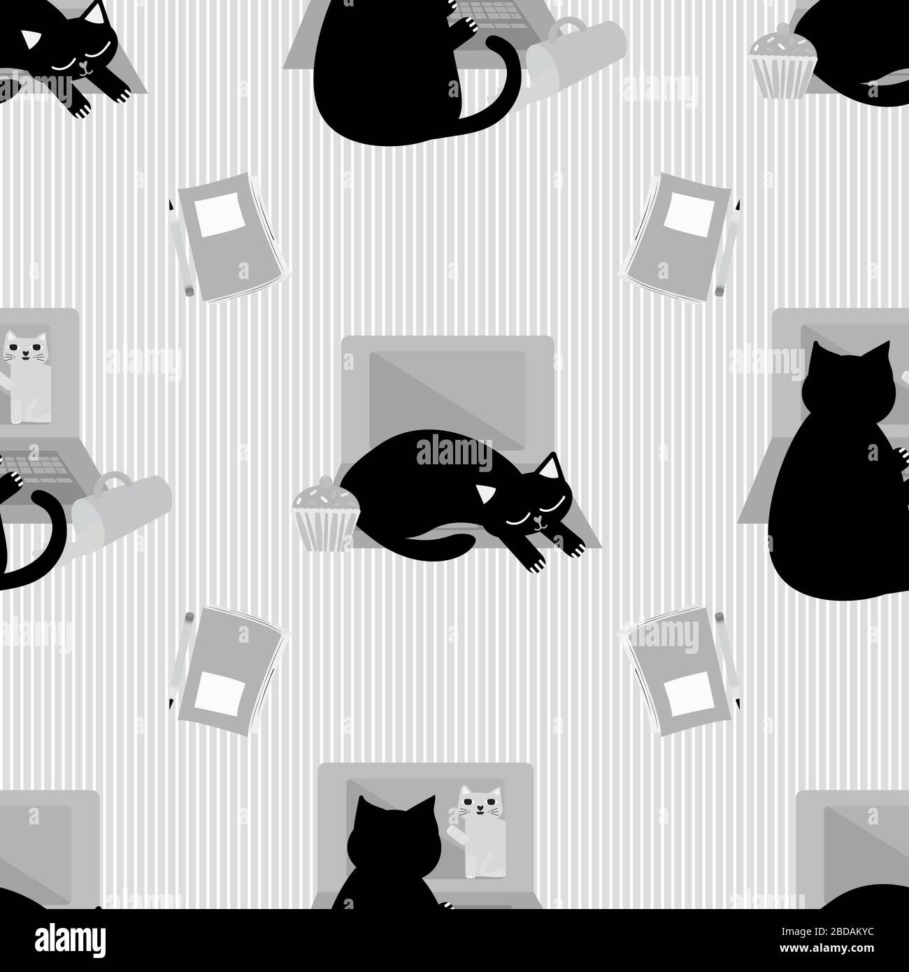 Cute laptop and cartoon cat vector seamless pattern background. Black ...