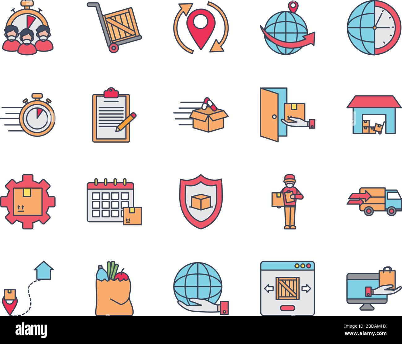 chronometers and fast delivery icon set over white background, line and ...