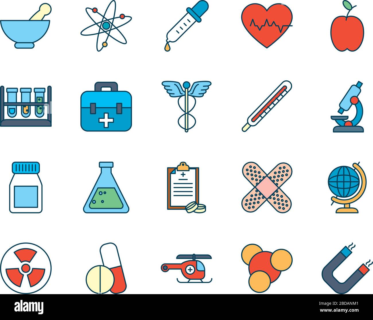 chemical flasks and medical, science and investigation icon set over ...