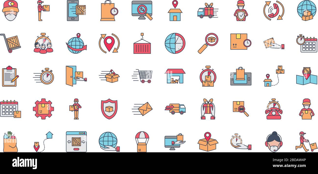 fast delivery icon set over white background, line and fill style ...