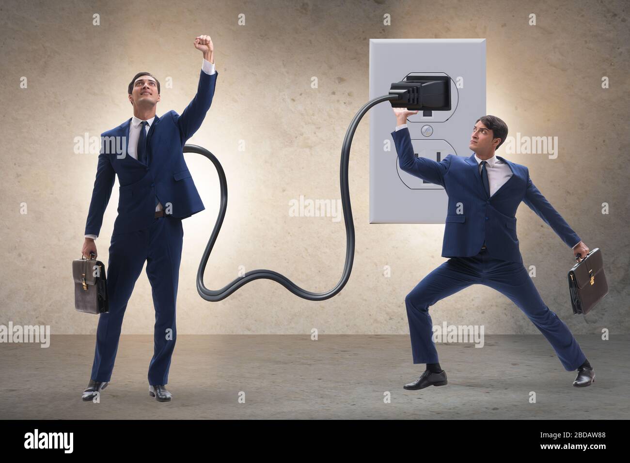 The businessman being powered by electricity and plug Stock Photo - Alamy