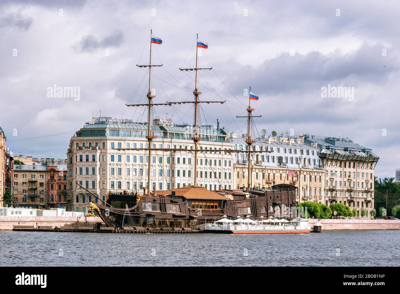 Old frigate in an eternal parking lot at the mouth of the Malaya Nevka ...