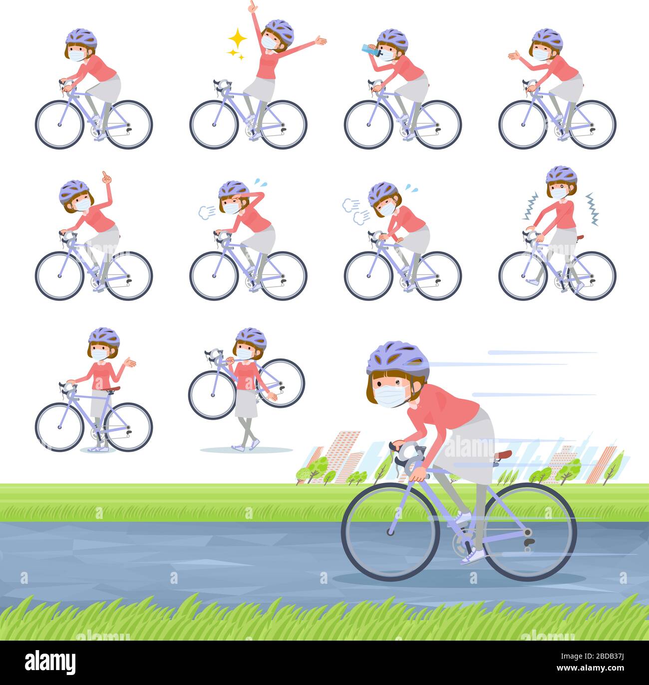 A set of women wearing mask on a road bike.There is an action that is ...