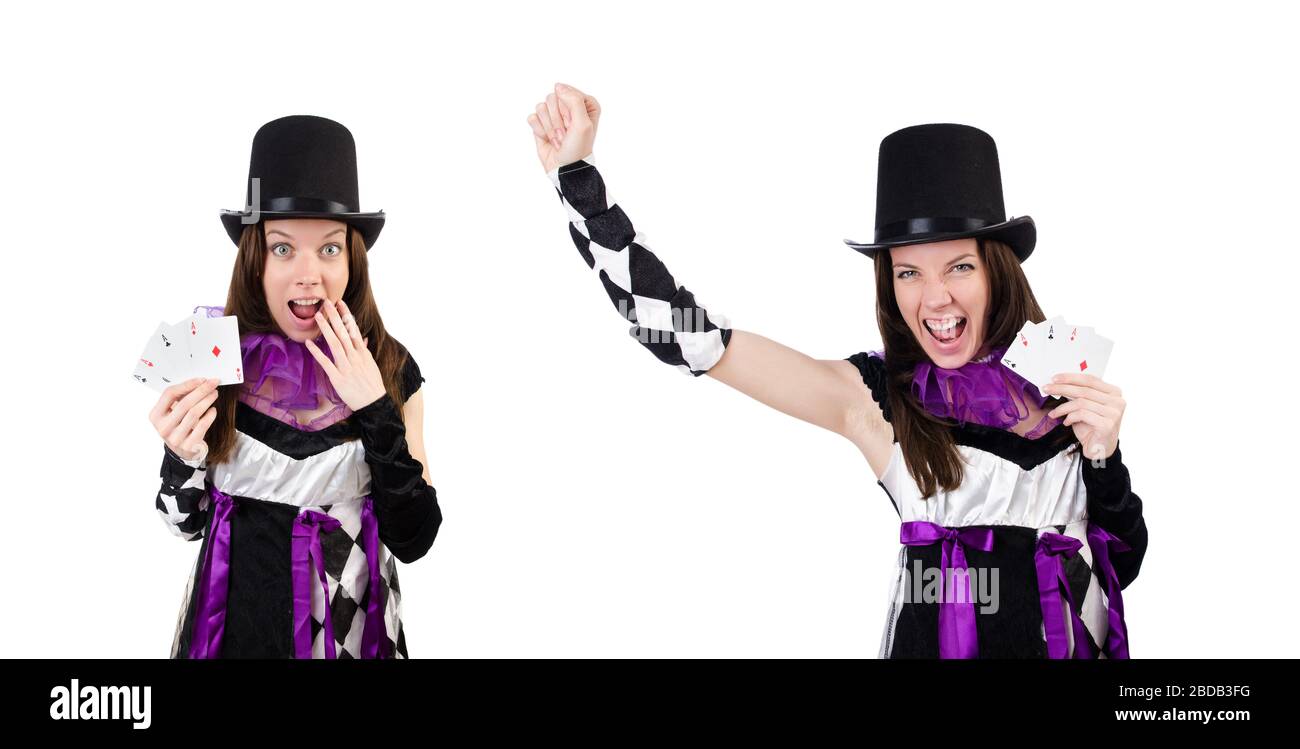The pretty girl in jester costume with cards isolated on white Stock ...