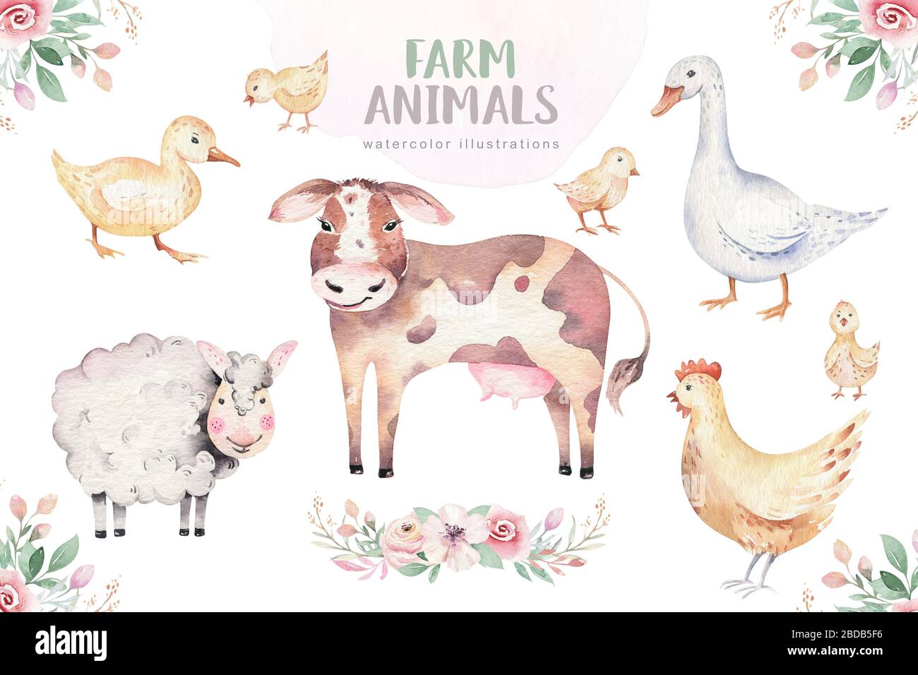 farms animal set. Cute domestic pets watercolor illustration. horse and ...
