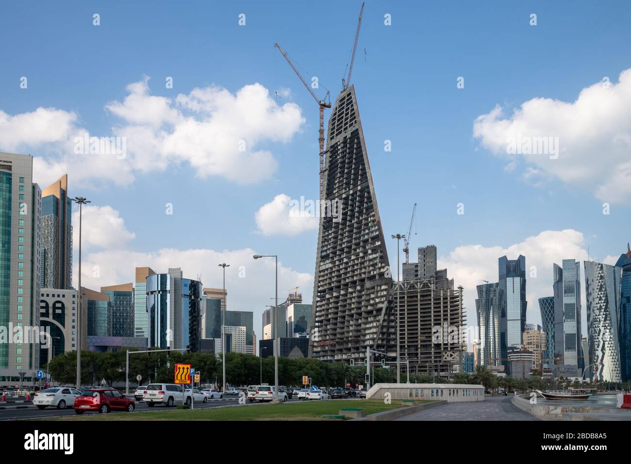 Doha, Qatar - Nov 21. 2019. Skyscraper under construction in West Bay ...