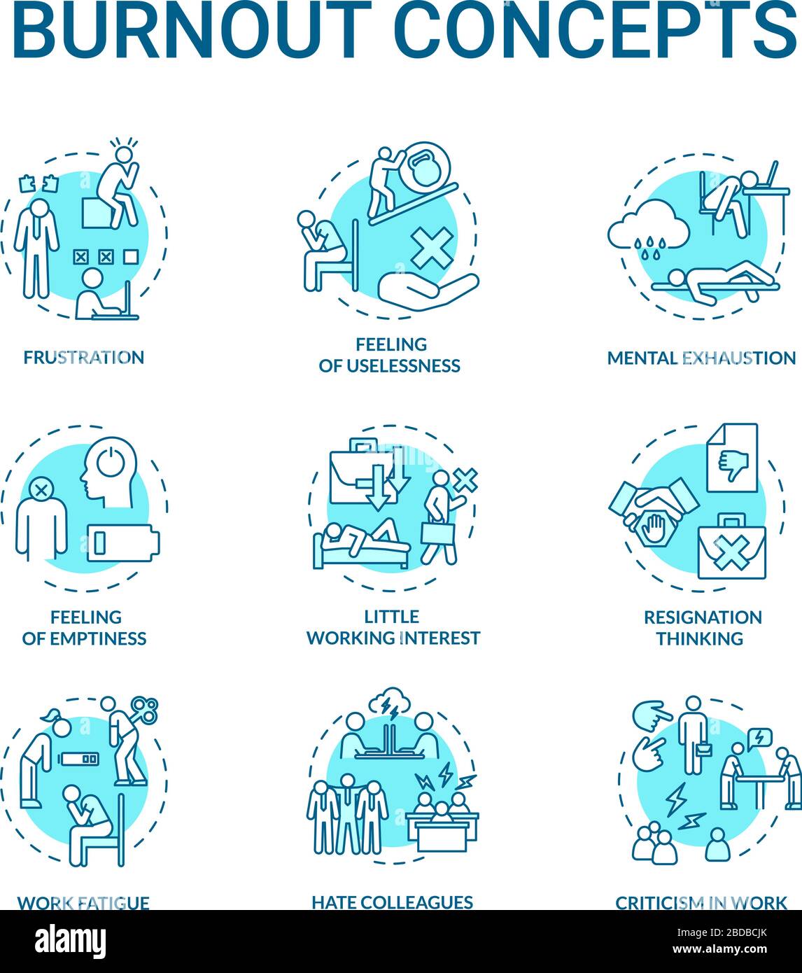 Burnout concept turquoise icons set. Work fatigue. Mental exhaustion ...