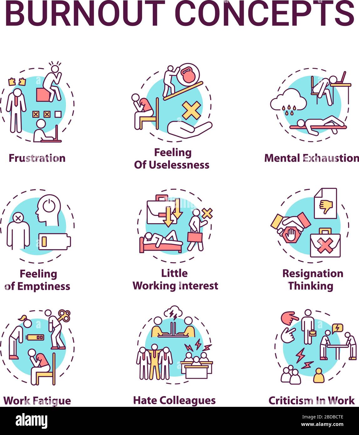 Burnout concept icons set. Work fatigue. Mental exhaustion. Little ...