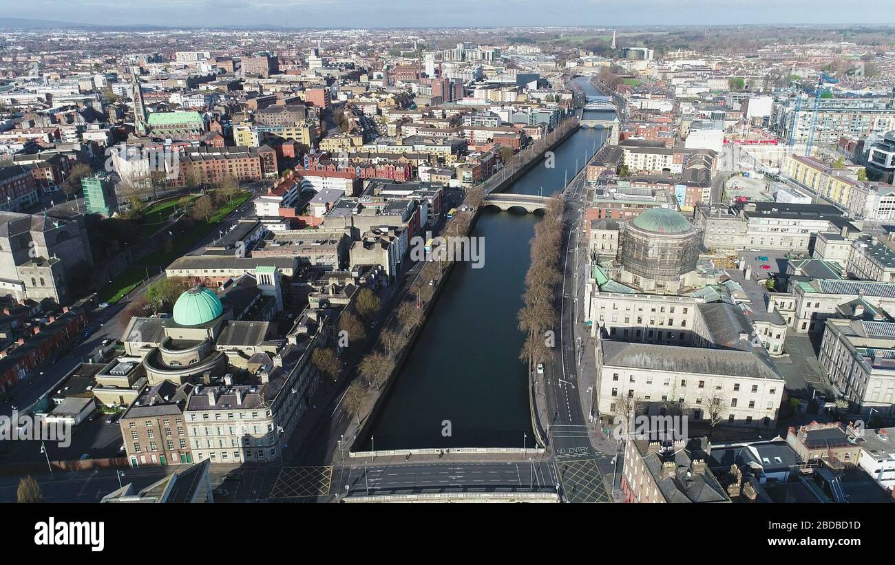 Dublin, Ireland - April 3, 2020: aerial view of normally bustling ...