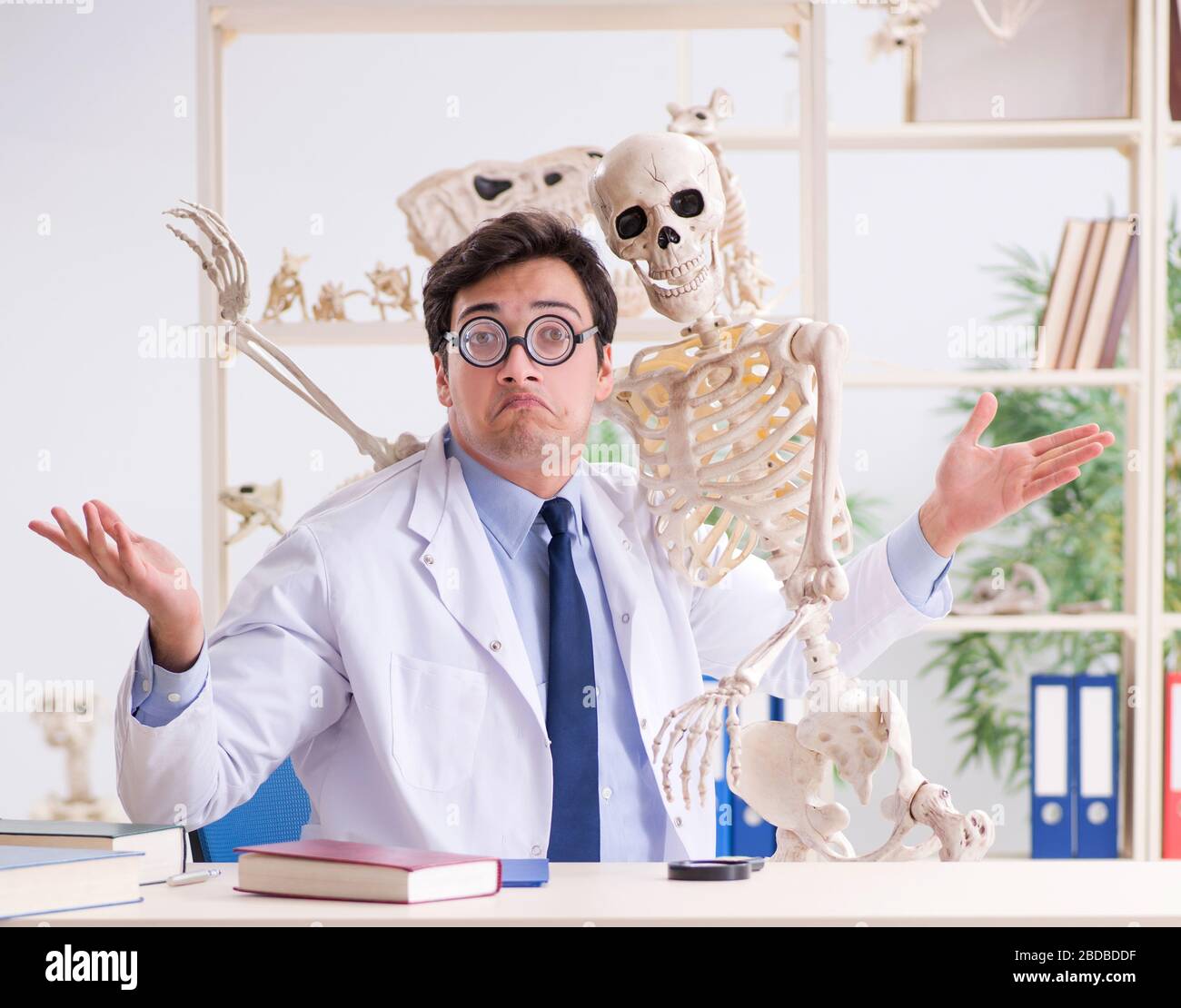 The crazy professor studying human skeleton Stock Photo - Alamy