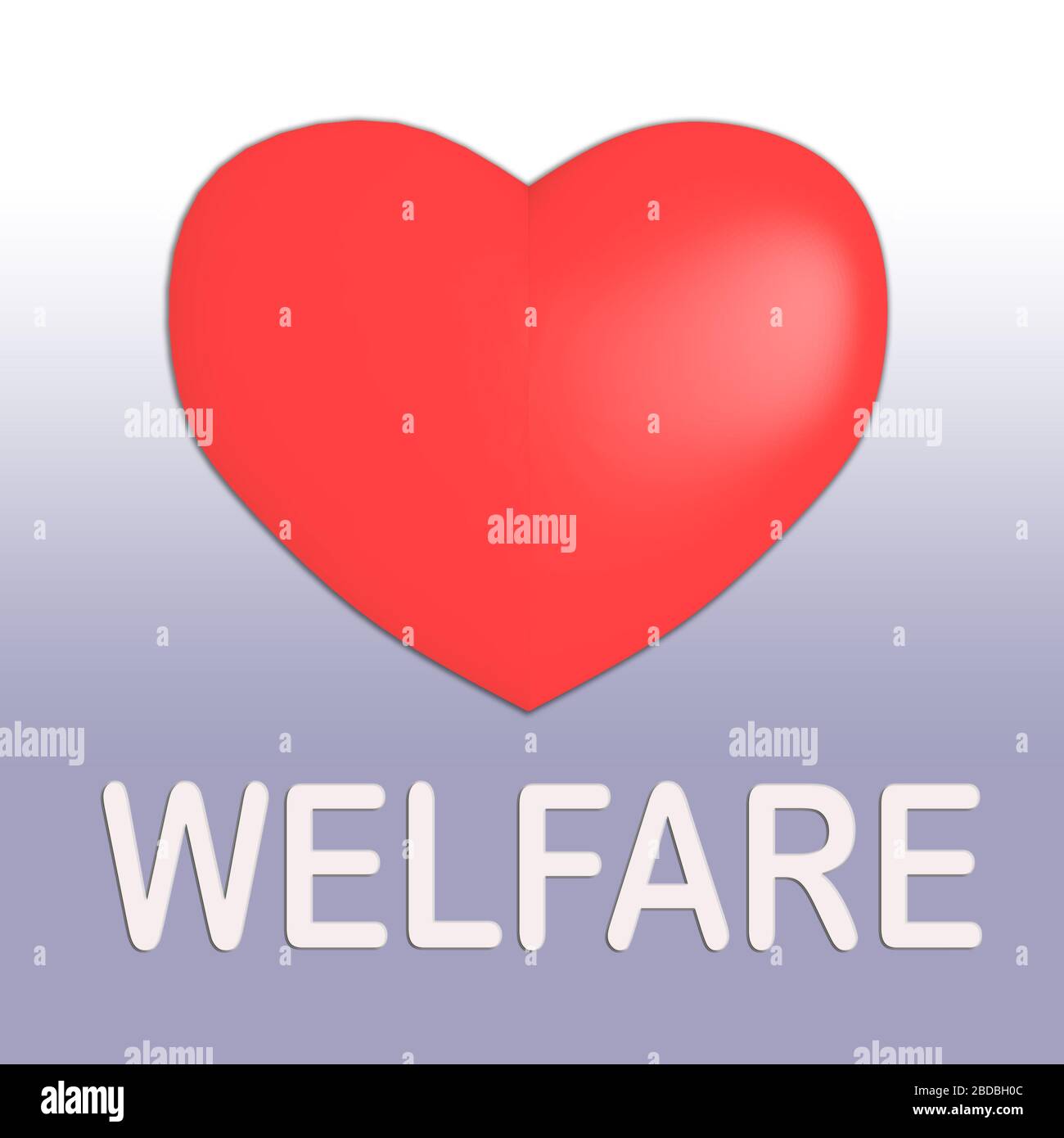3D illustration of WELFARE title under a red heart, isolated on pae ...