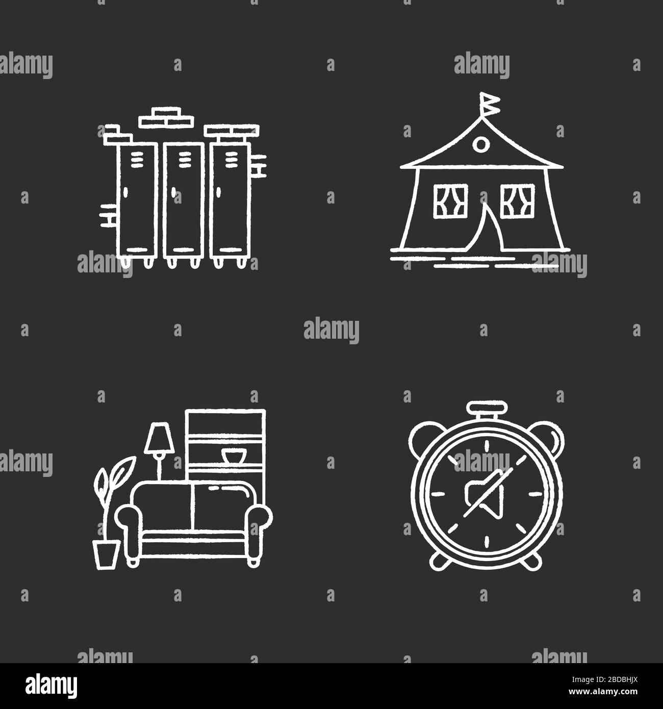 Dormitory conditions chalk white icons set on black background. Lockers ...