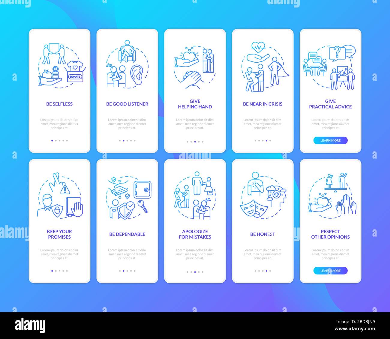 Moral values onboarding mobile app page screen with concepts set. Best friends emotional help ...