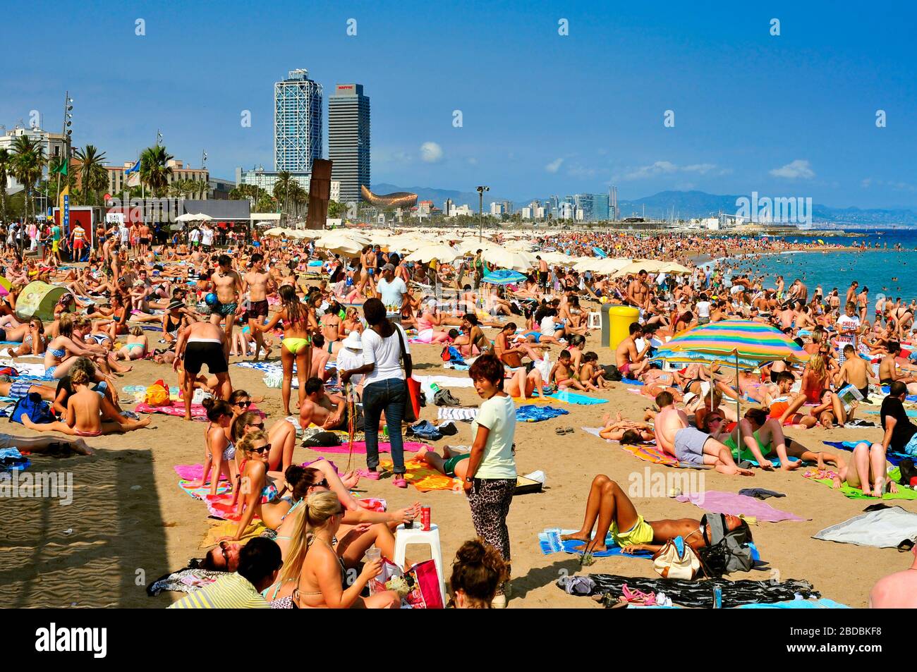 BARCELONA, SPAIN - AUGUST 19: A crowd of bathers in La Barceloneta ...