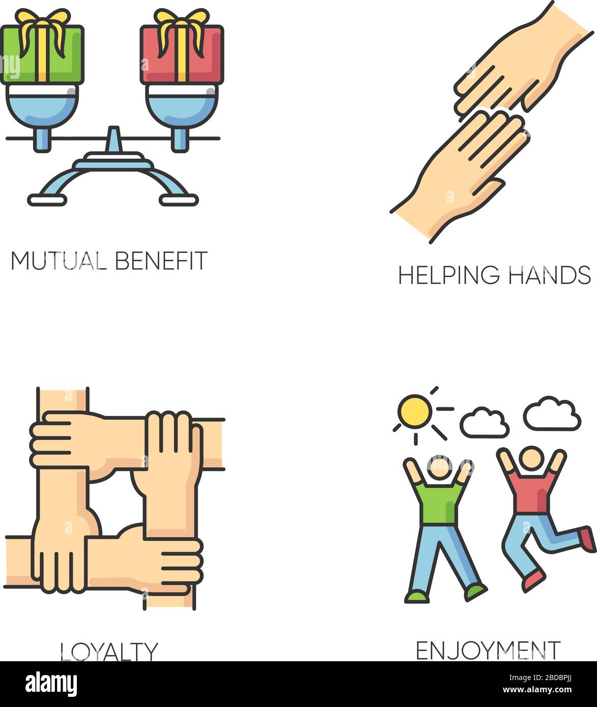 Friends togetherness RGB color icons set. Friendship, unity and ...