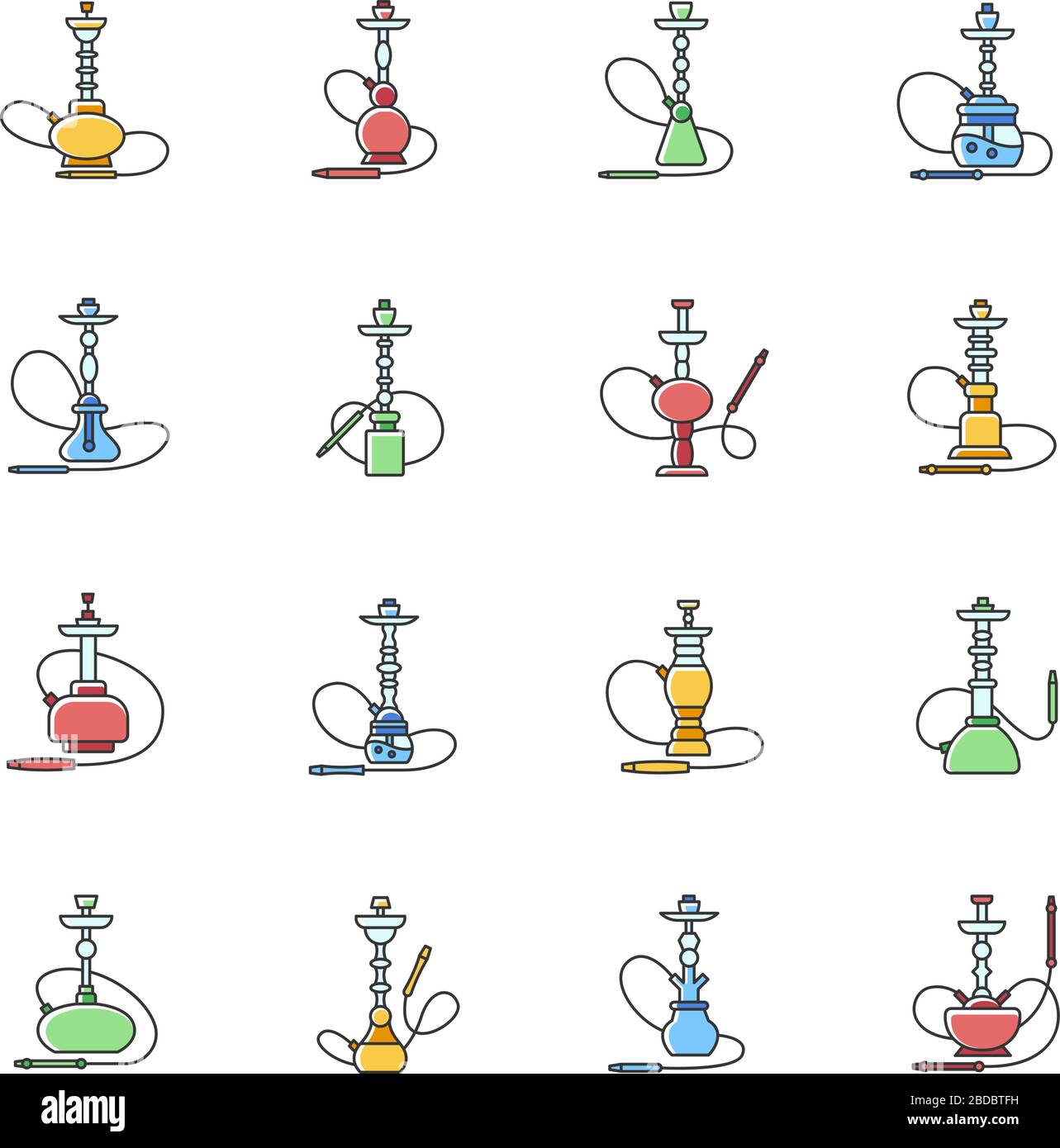 Hookah RGB color icons set. Sheesha bar. Hooka accessories. Smoke area ...