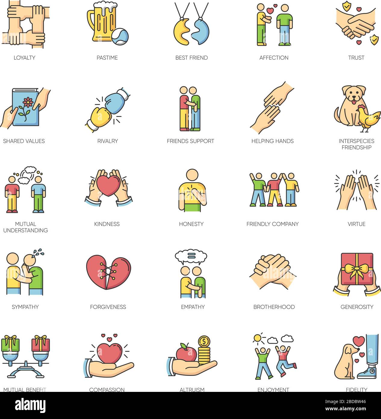 Friendly relationship RGB color icons set. Strong friendship and ...