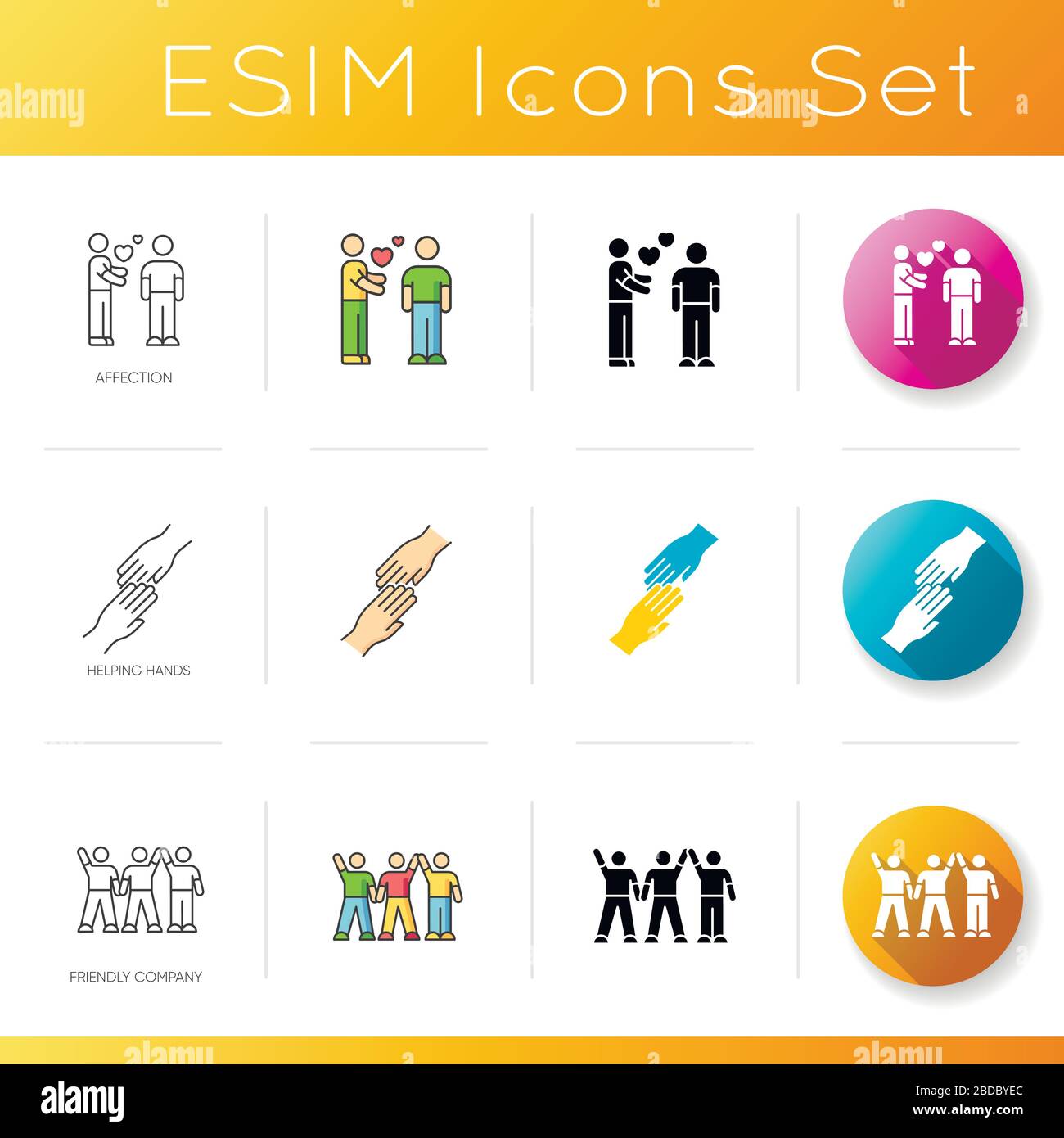 Friendship types icons set. Linear, black and RGB color styles ...