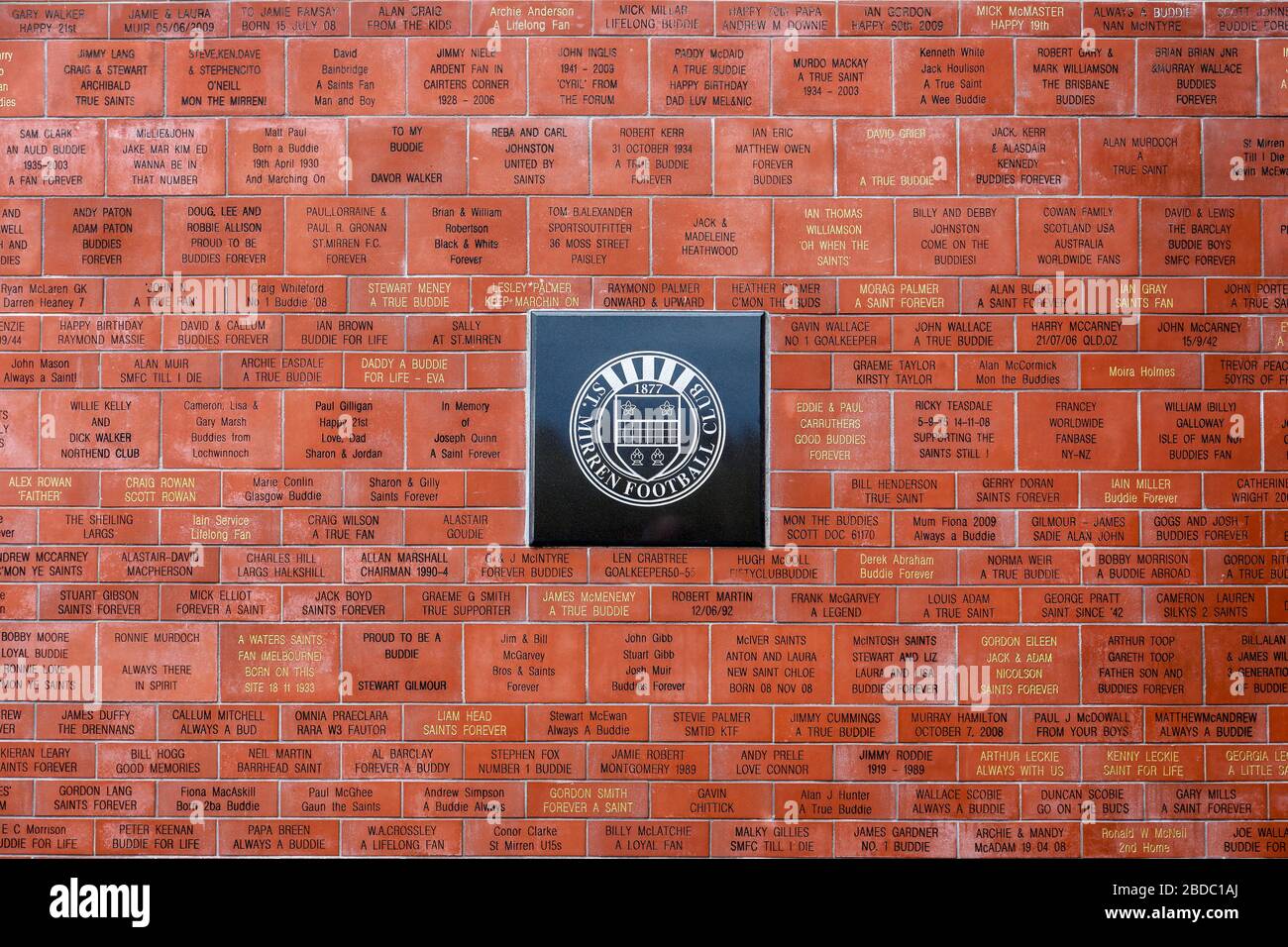 Detail from the wall of bricks at St Mirren Football club where ...