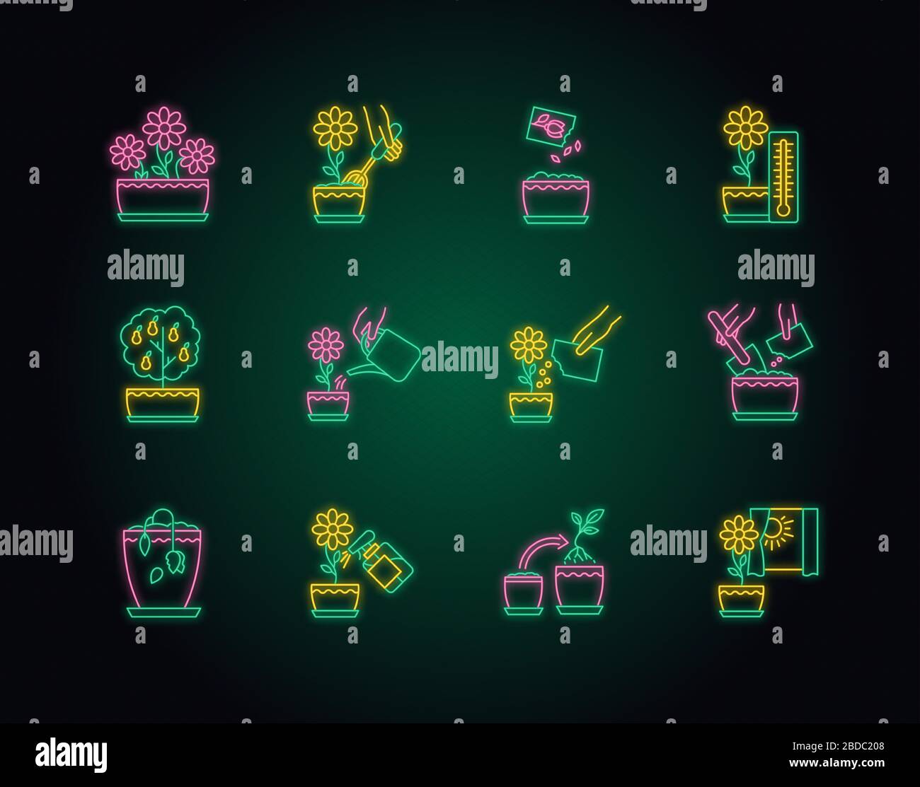 Houseplant care neon light icons set. Plant cultivation. Repotting ...