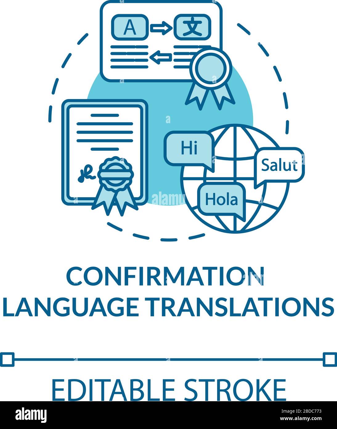 Confirmation language translations turquoise concept icon. Foreign ...