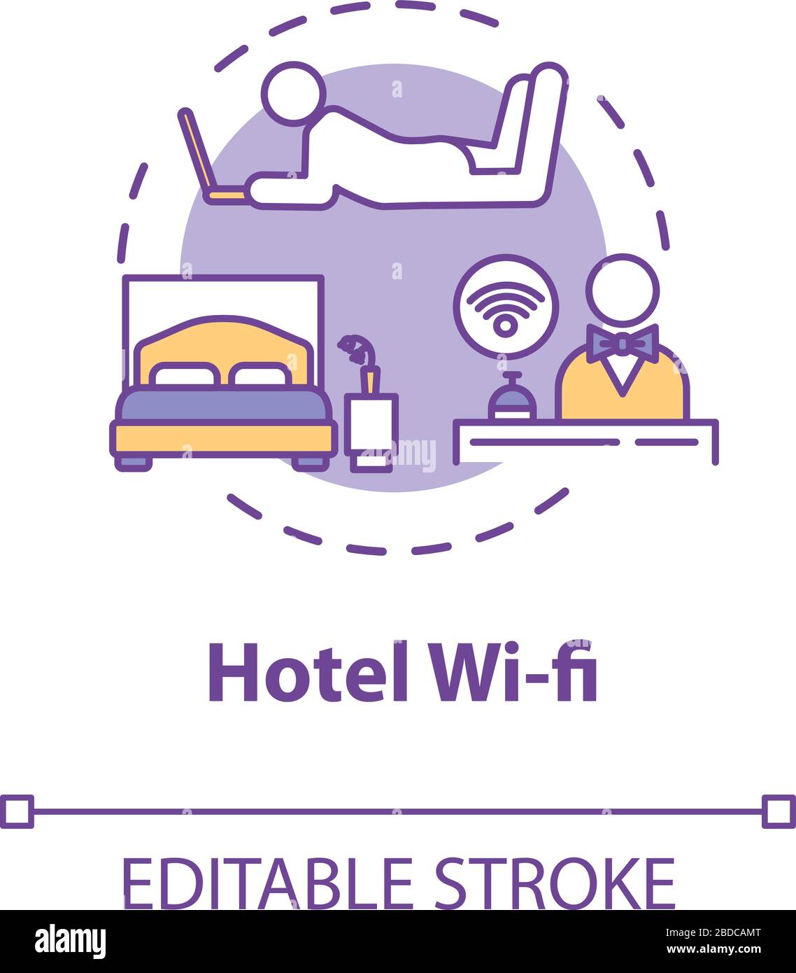 Hotel wi-fi concept icon. Get room signal with laptop. Free network ...