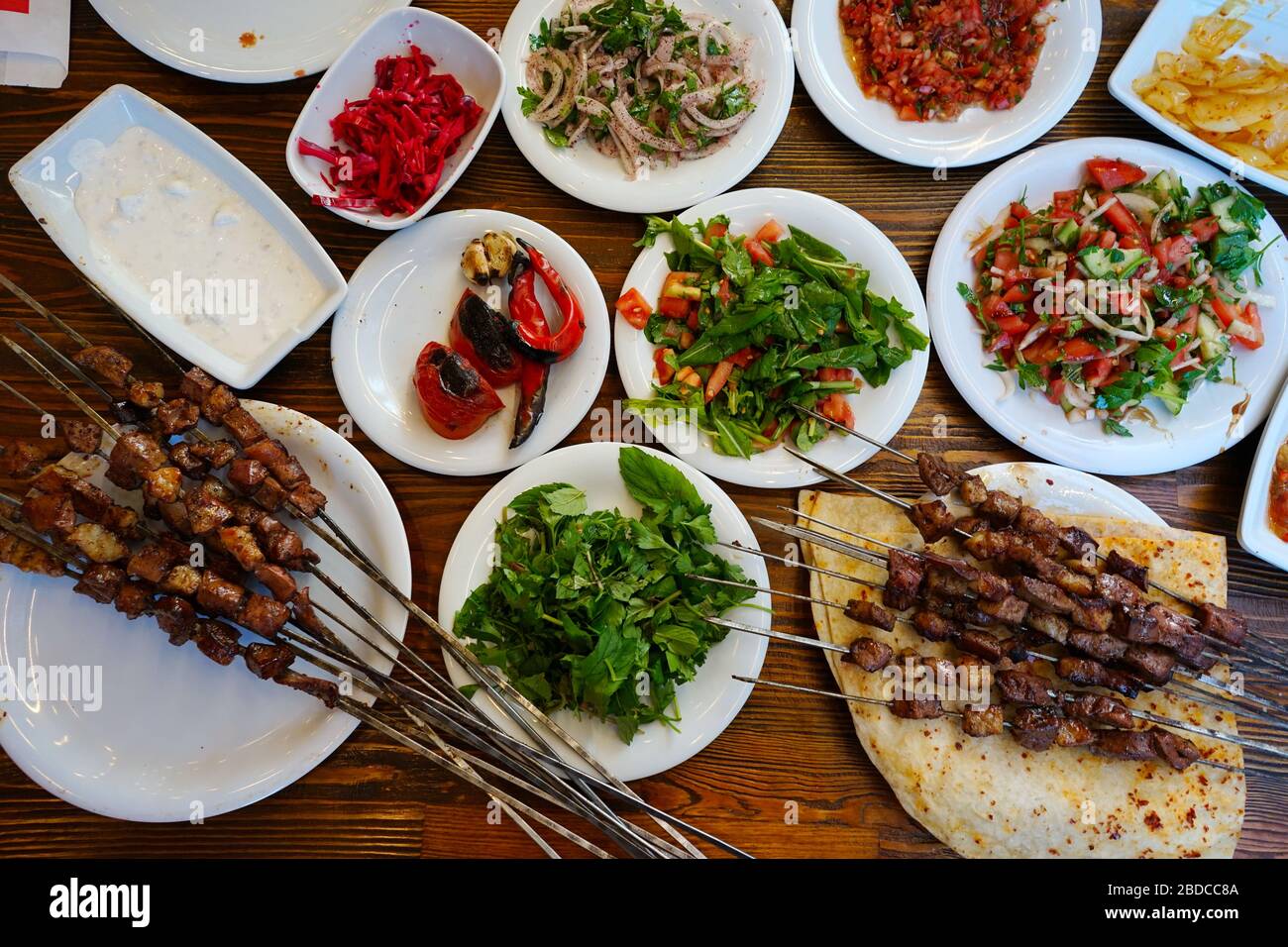 Liver kebab. the table is also served with Turkish appetizers and salad ...
