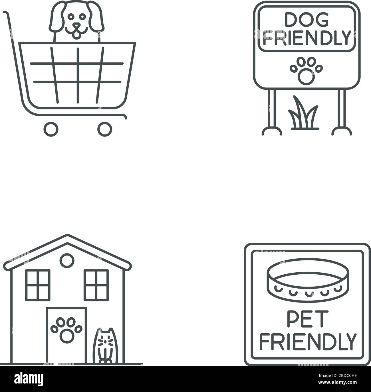 Pet friendly areas pixel perfect linear icons set. Four-legged friends ...