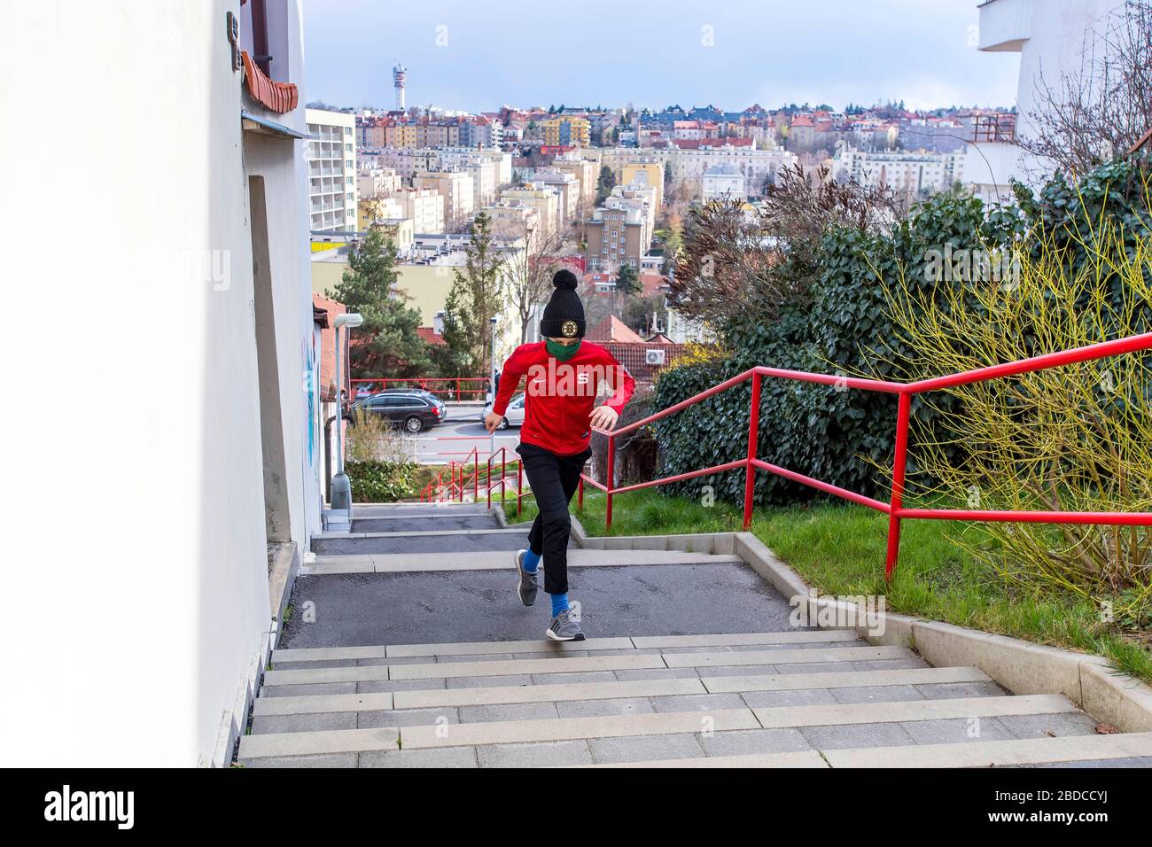 boy running upstairs with home made surgical mask Stock Photo - Alamy