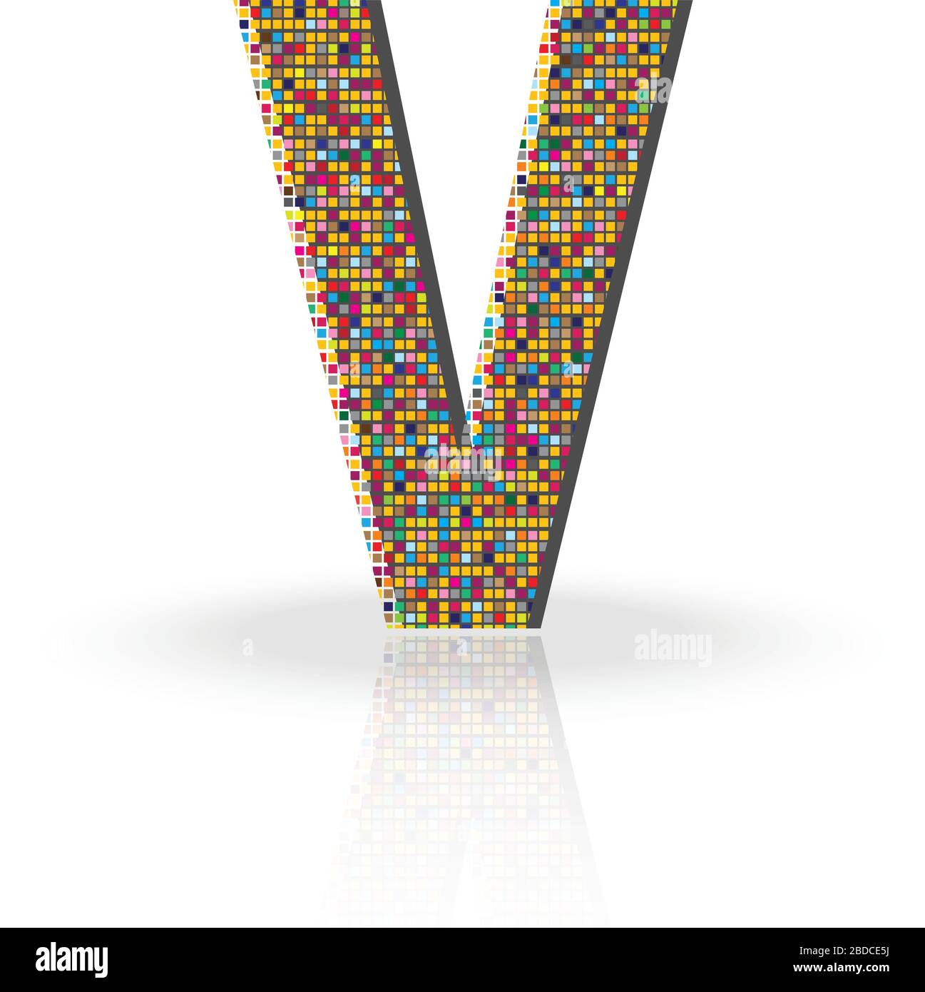 Colorful 3D Alphabet Letter V with reflection on white glossy surface ...