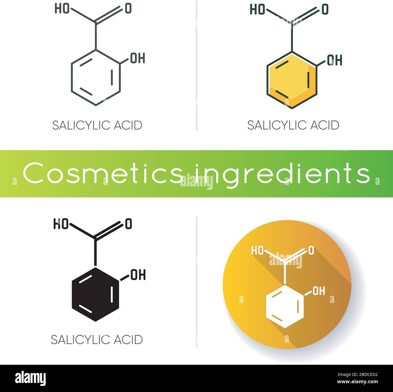 Salicylic acid icon. Chemical sequence. Molecular formula. Skincare ...