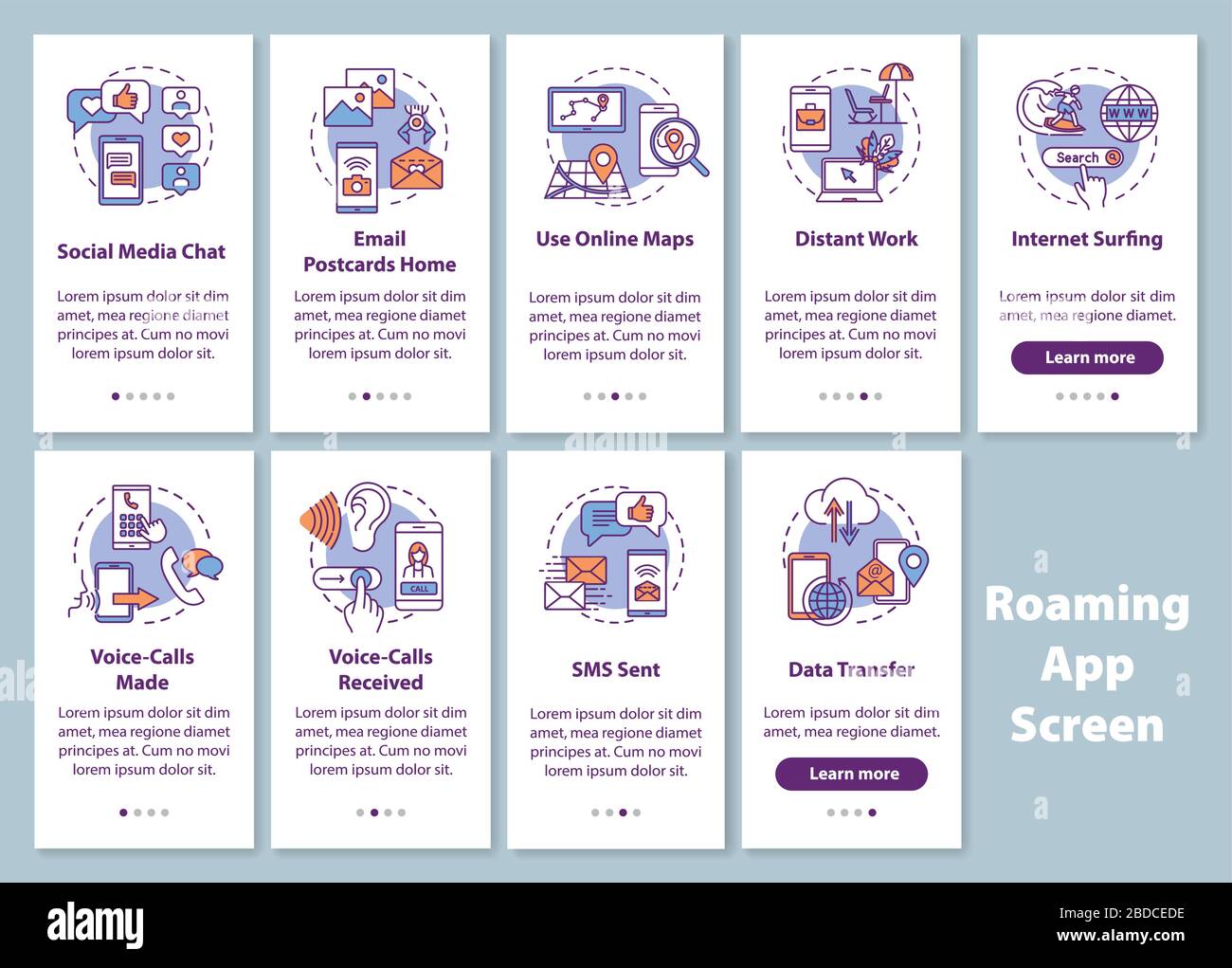 Roaming services onboarding mobile app page screen with concepts set ...