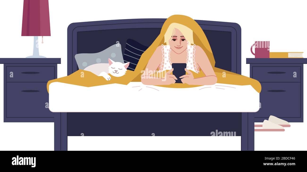 Girl in bed under blanket with head semi flat RGB color vector ...