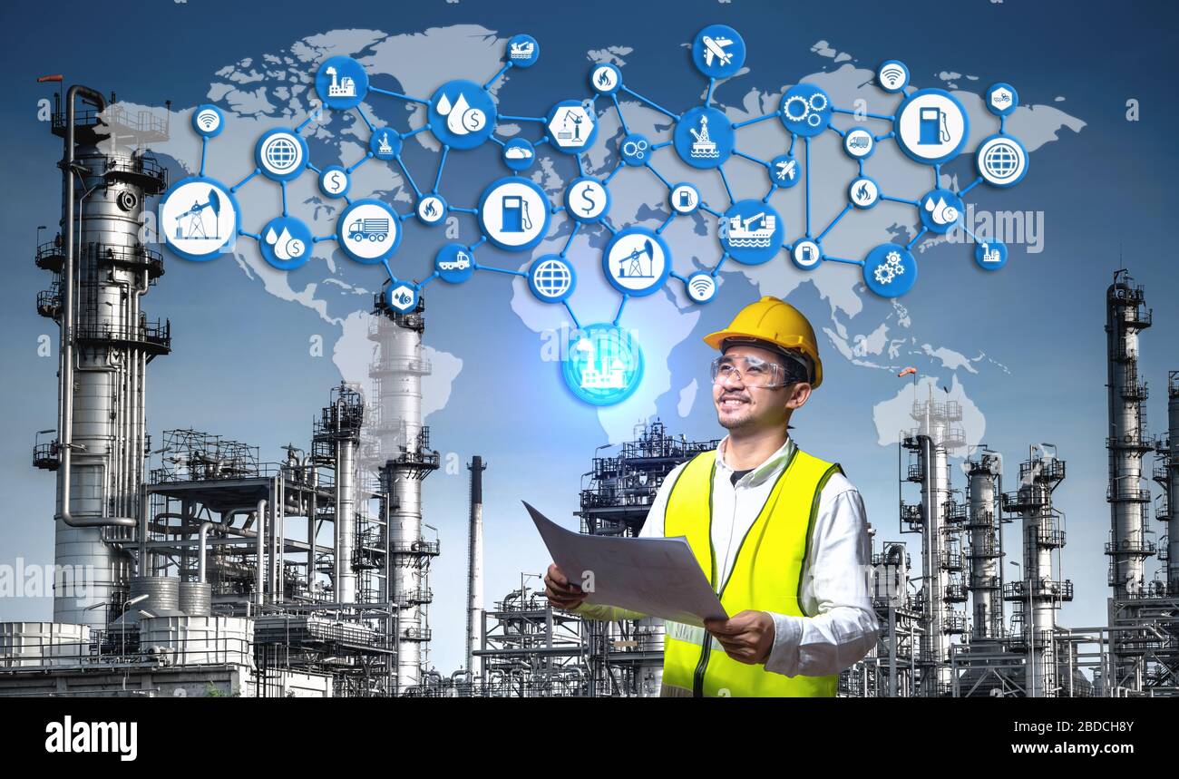 Double exposure of Industry 4.0, Engineer are working at Oil refinery ...