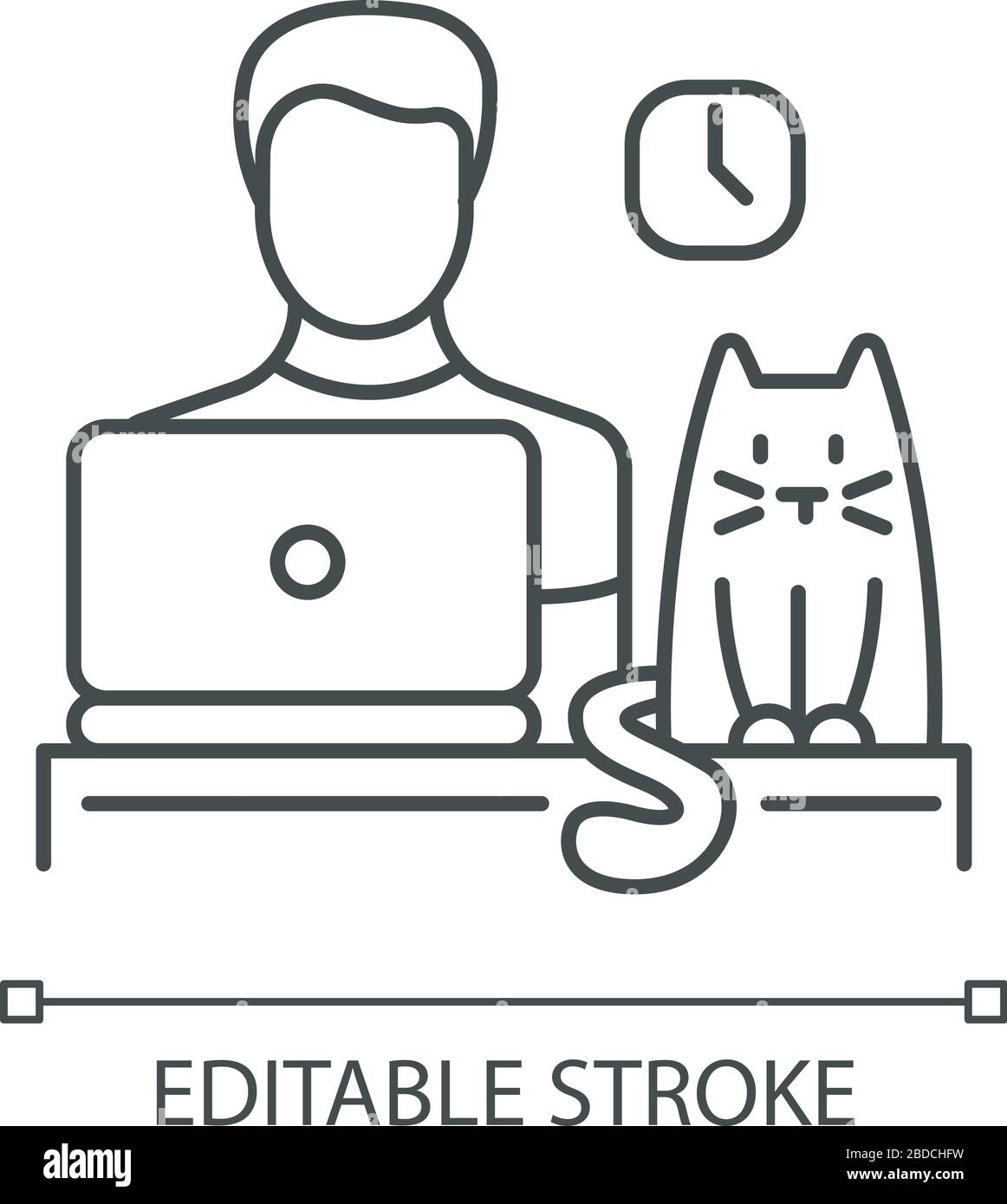 Pet friendly office pixel perfect linear icon. Cat at workplace, kitten ...