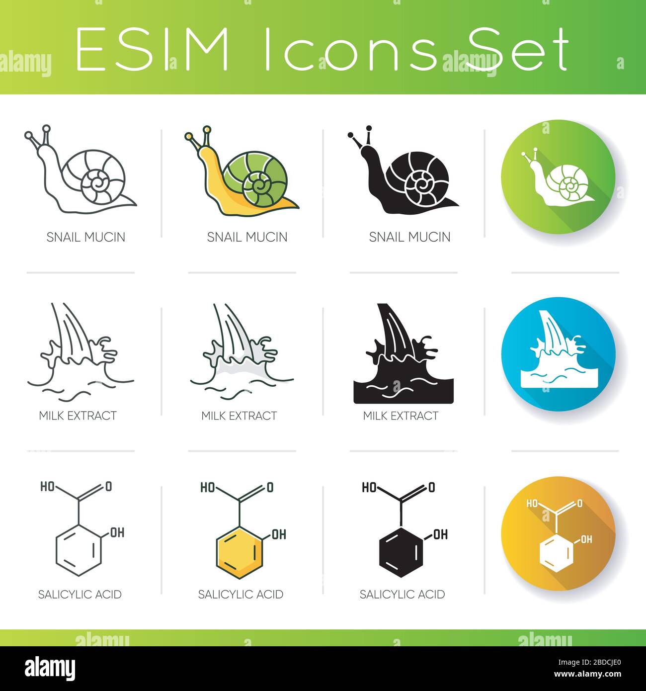 Cosmetic ingredient icons set. Snail mucin. Milk extract. Salicylic ...