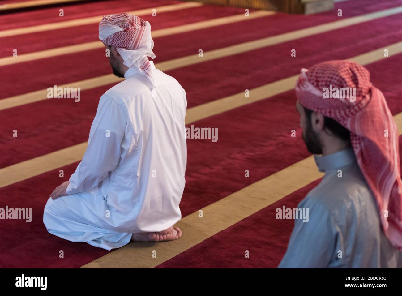 Two muliethnic religious muslim young people praying and reading Koran ...