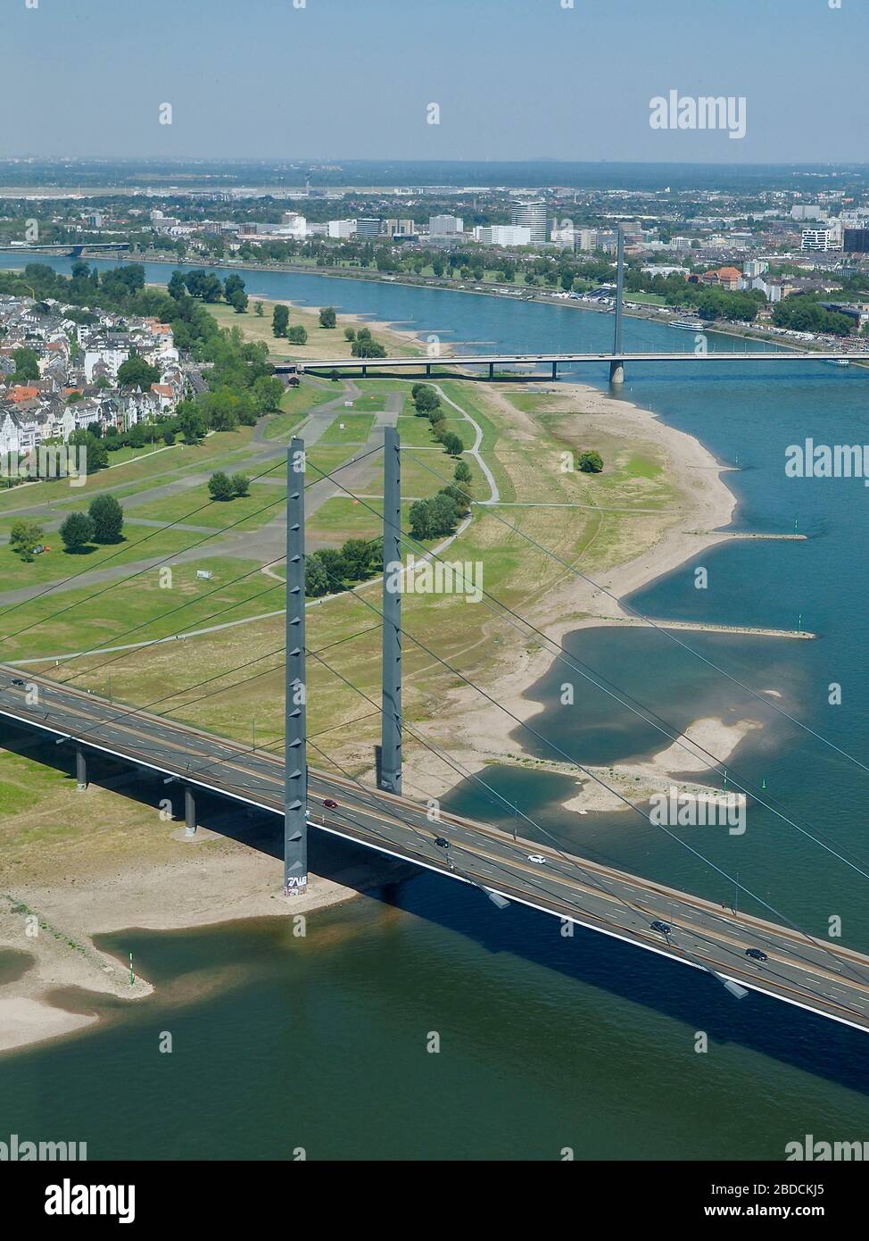 Aerial view of Duesseldorf in Germany seen from the Rhine tower at the ...