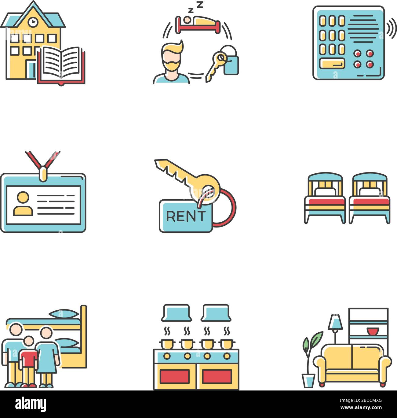 Renting RGB color icons set. Family dormitory. Communal kitchen ...