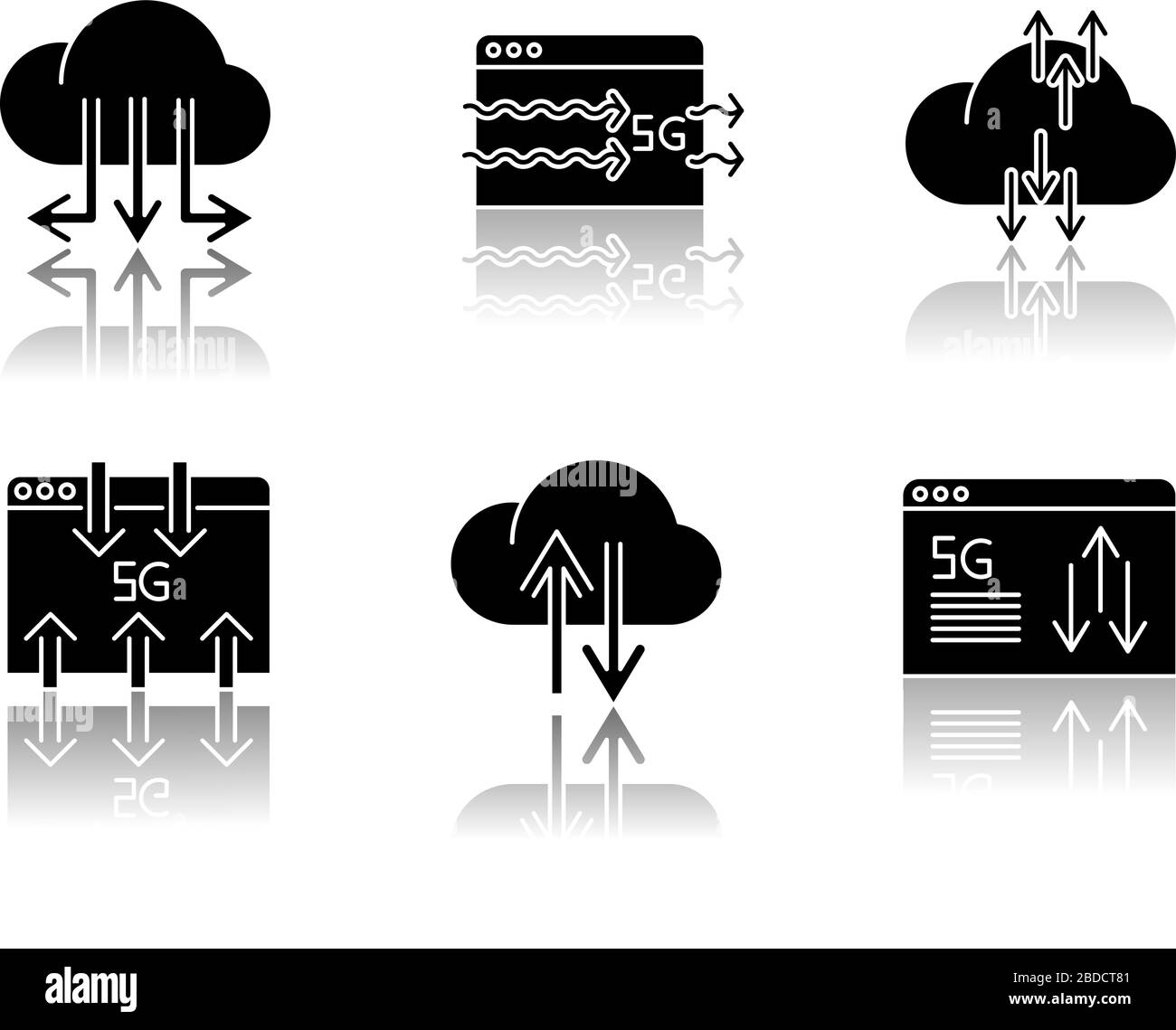 5G technology drop shadow black glyph icons set. Data transmission ...