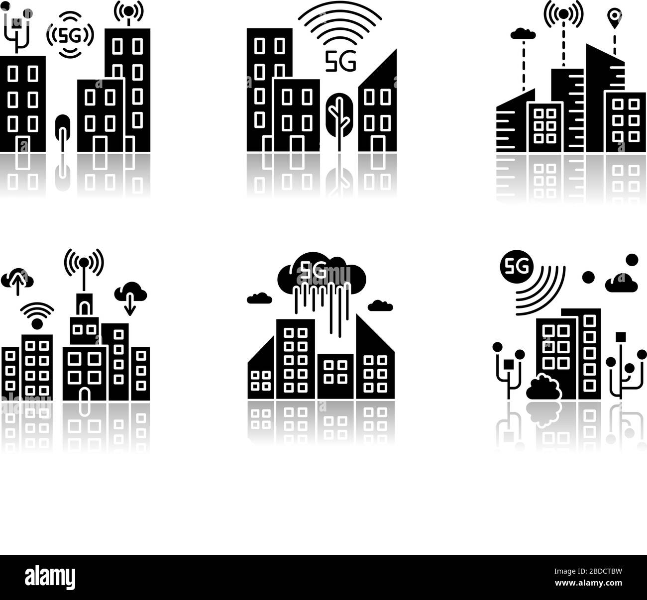5G smart city drop shadow black glyph icons set. Urban intelligence ...