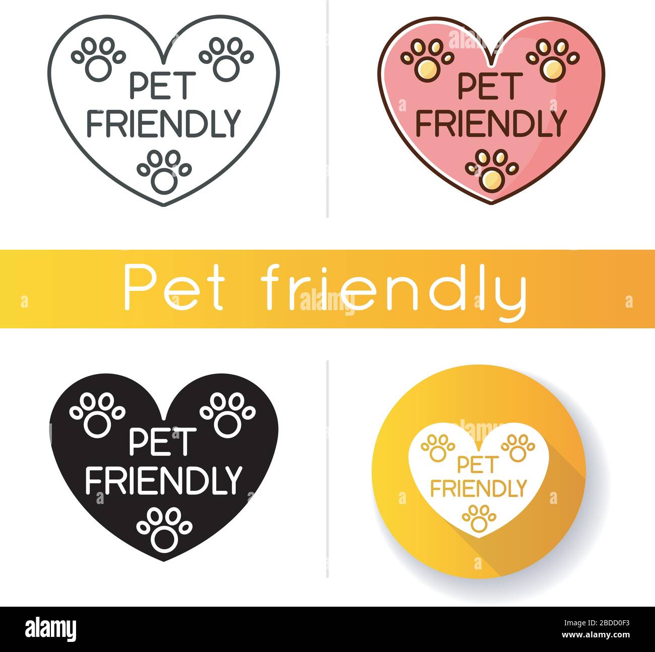 Pet friendly area sign icon. Grooming salon heart shaped logo, animals ...