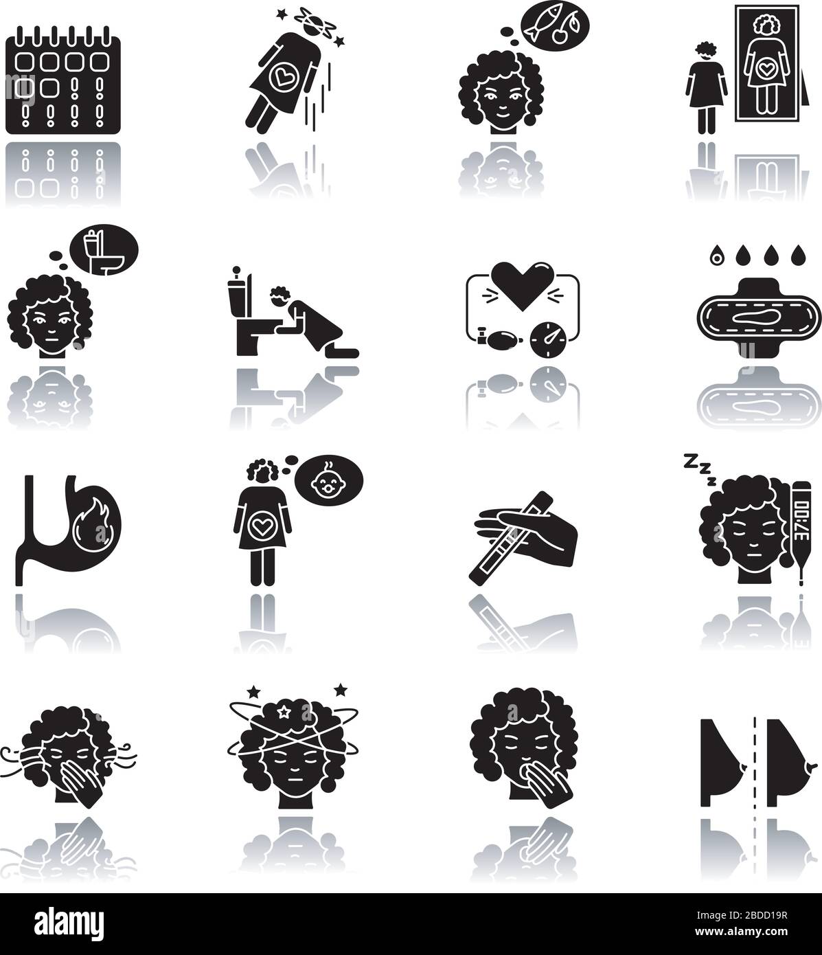 Early pregnancy symptom drop shadow black glyph icons set. Family ...