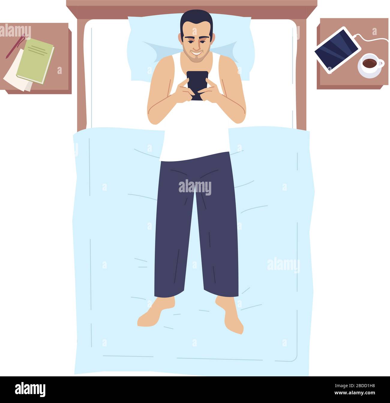 Man chatting in bed with smartphone semi flat RGB color vector ...